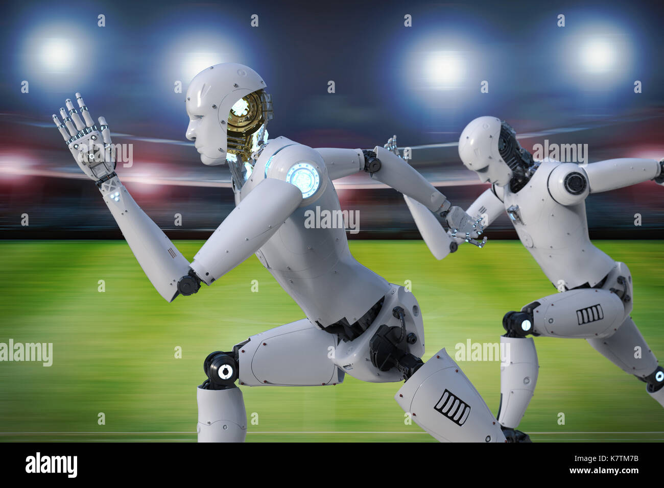 3d rendering robot running on racecourse in stadium Stock Photo - Alamy