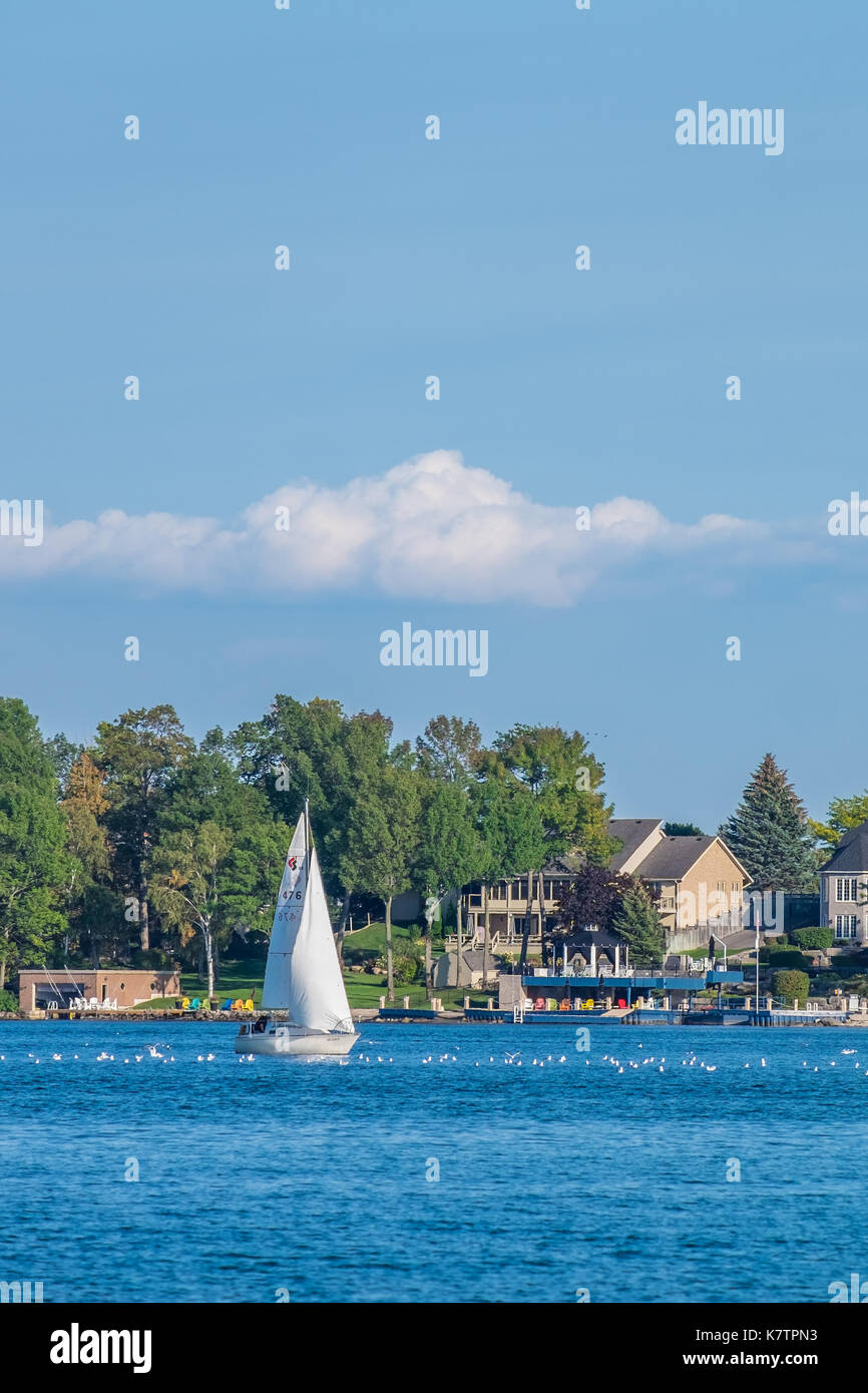Sailboater enjoys a beautiful late summer day on Lake Couchiching near ...