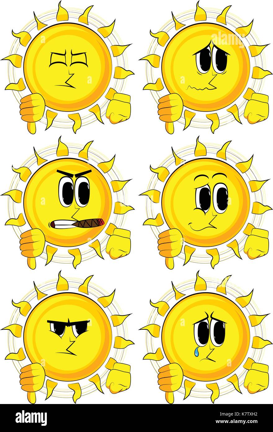 Cartoon sun showing dislike hand sign. Collection with sad faces ...