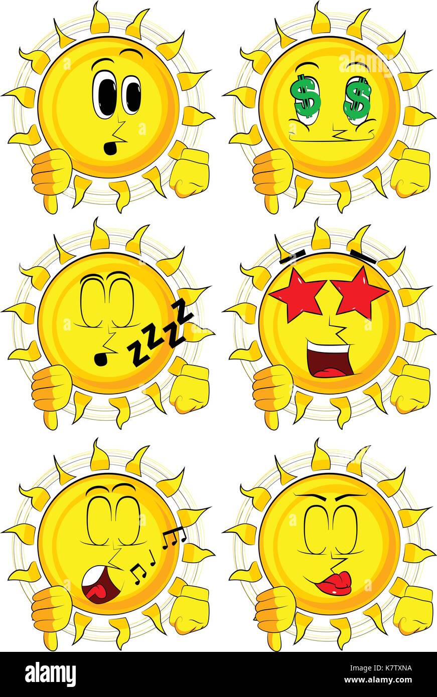 Cartoon sun showing dislike hand sign. Collection with various facial ...