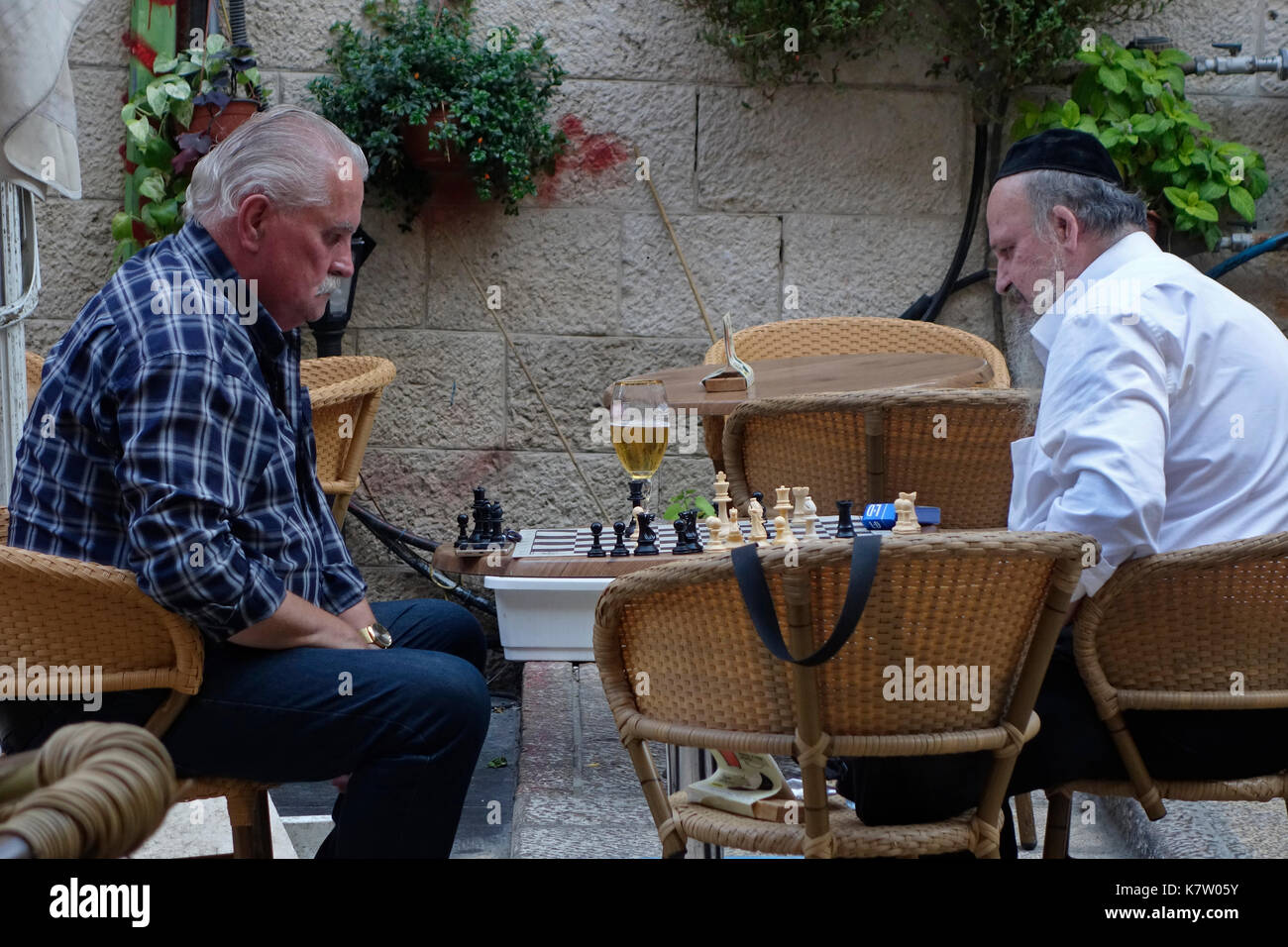 Locals playing chess in Bolinat Coffee Bar in downtown West Jerusalem ...