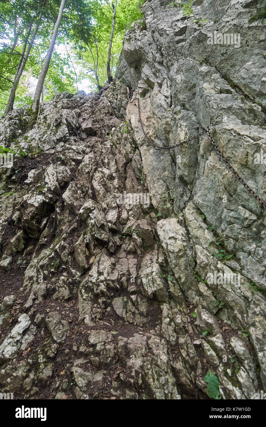 Closeup of safety climbing chain on a perilous mountain trail Stock ...