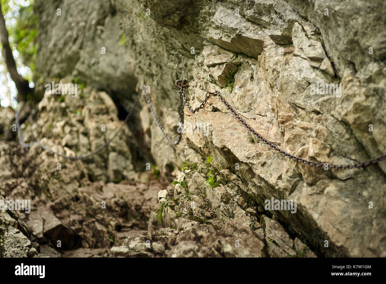 Closeup of safety climbing chain on a perilous mountain trail Stock ...