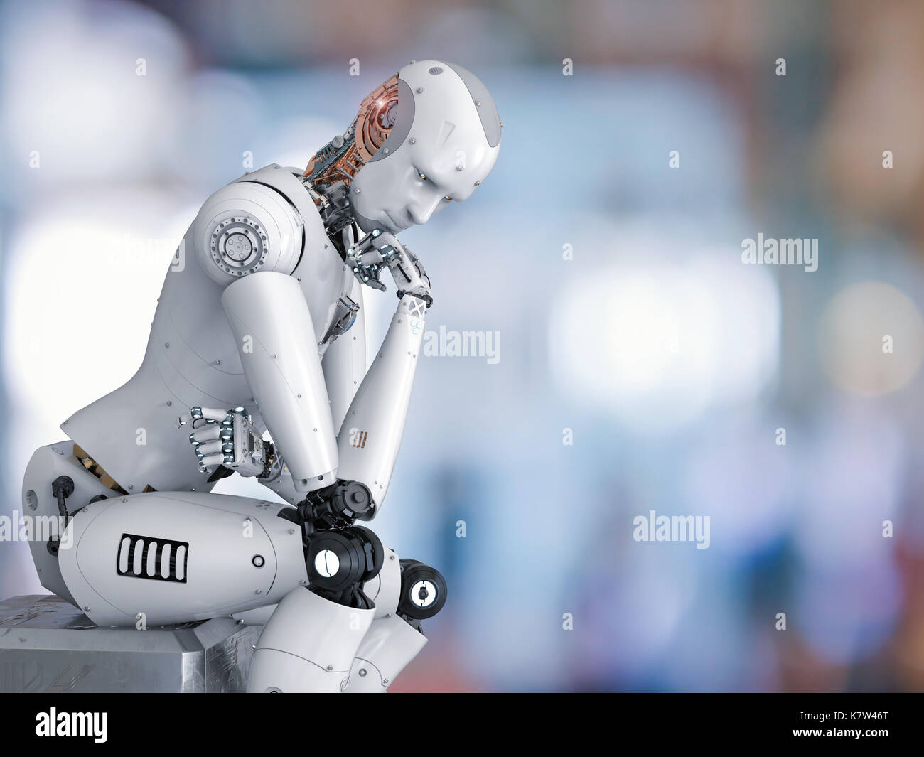 3d rendering android robot sit down and thinking Stock Photo - Alamy