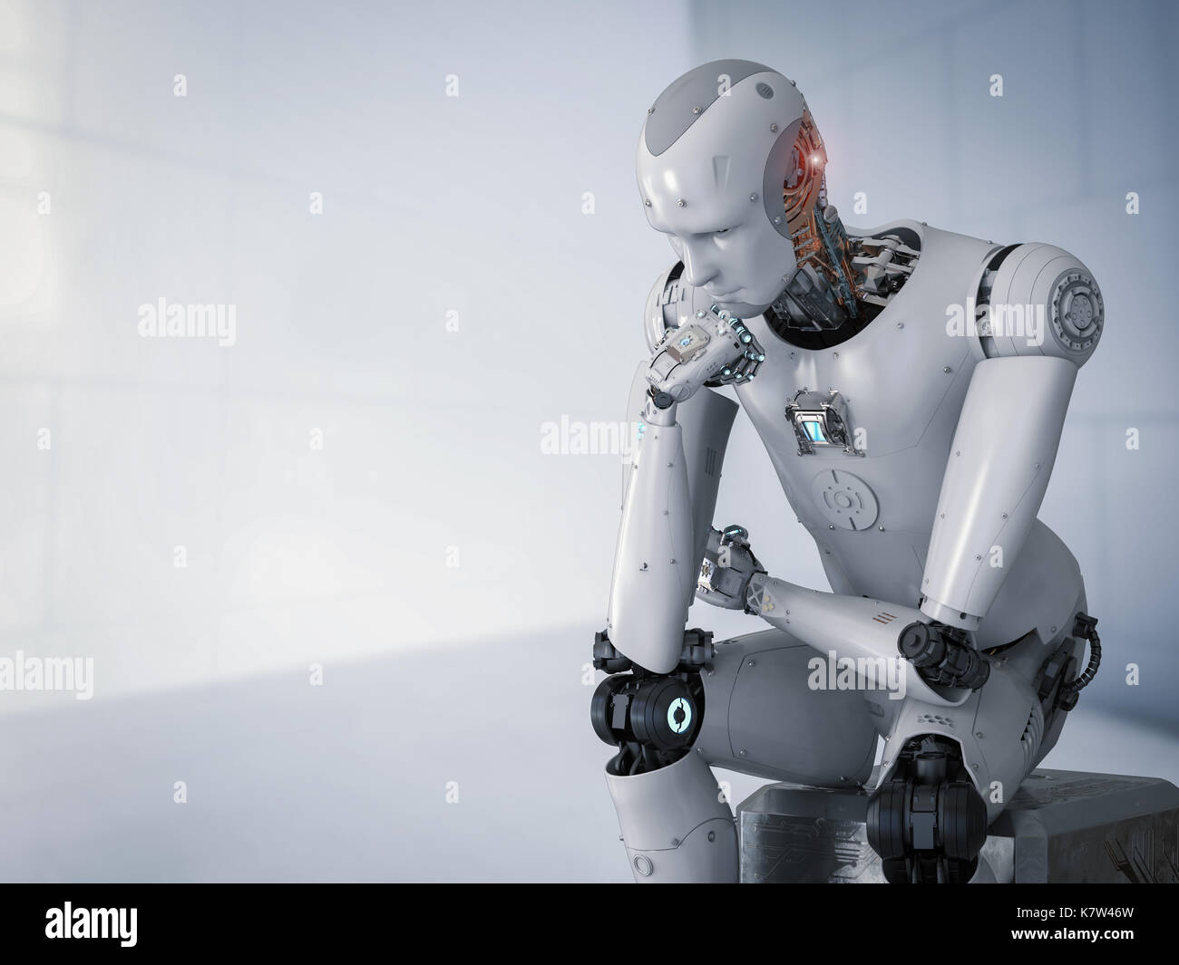 3d rendering android robot sit down and thinking Stock Photo - Alamy