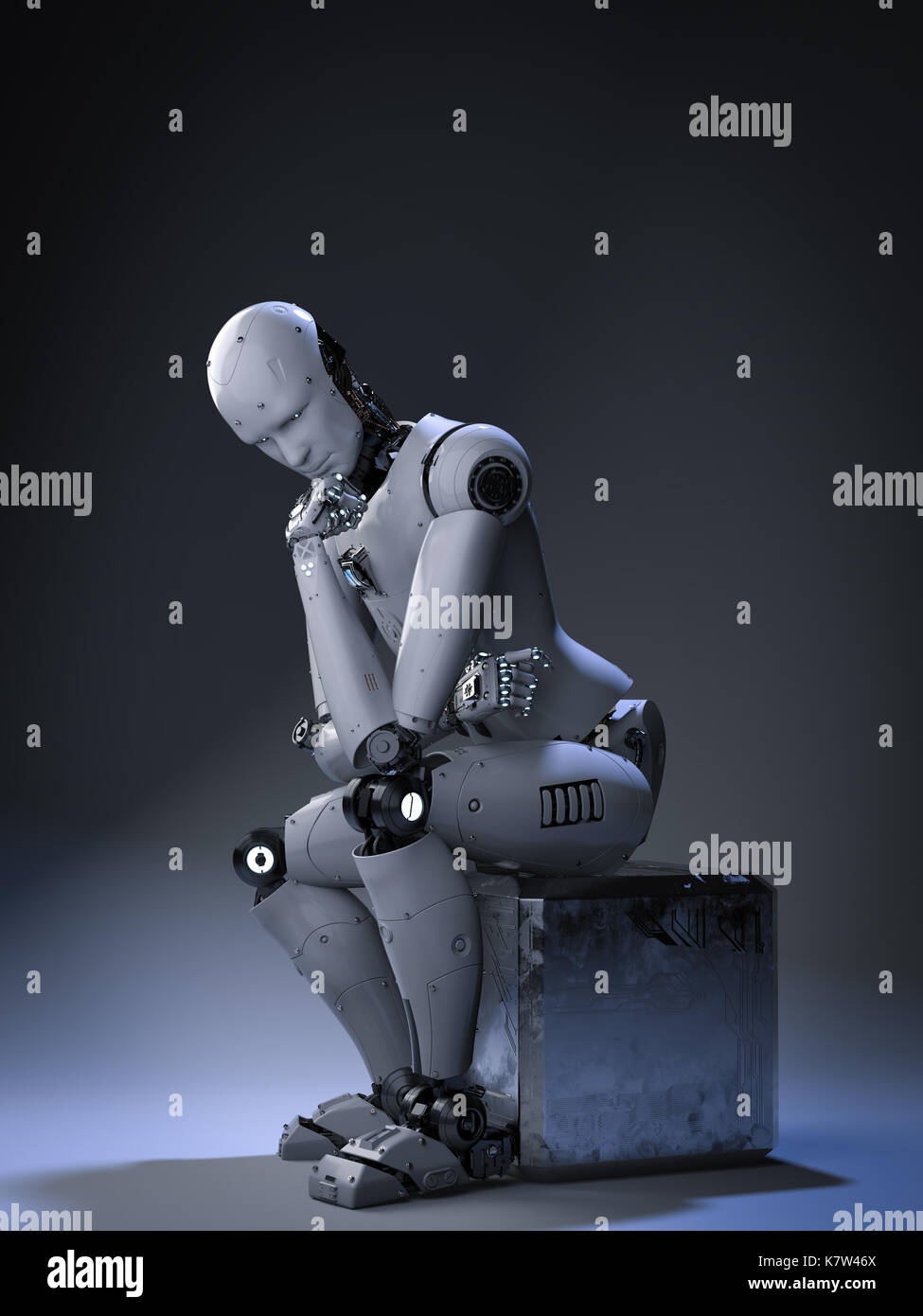 3d rendering android robot sit down and thinking Stock Photo - Alamy
