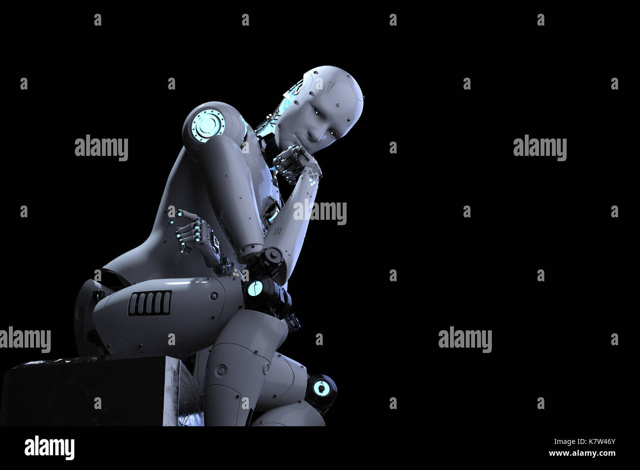 3d rendering android robot sit down and thinking Stock Photo - Alamy