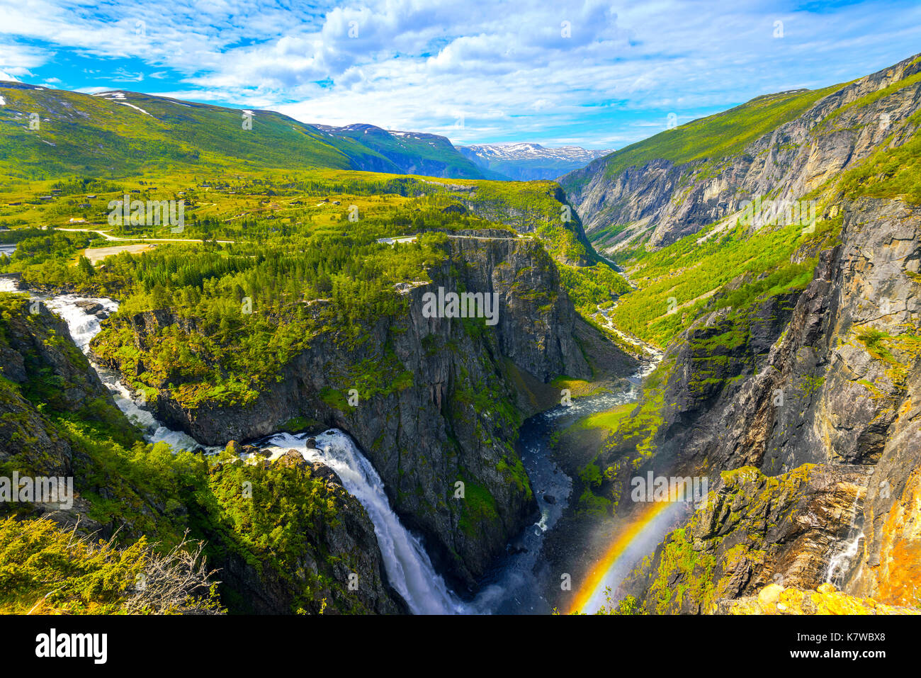 Waterfall Voringfossen and panorama view over the plateau and canyon of ...
