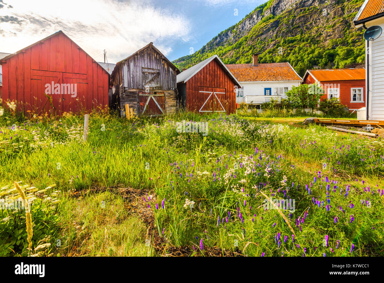 wooden boathouses of Solvorn, Lustrafjorden, Sognefjord, Norway Stock ...