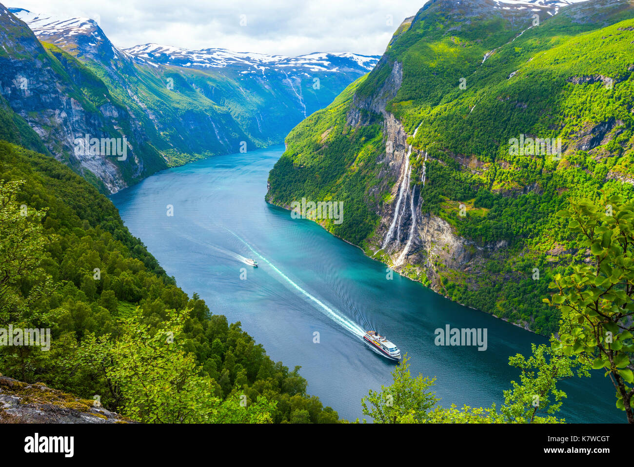 view to the Seven Sisters waterfall and the Geirangerfjorden with a ...