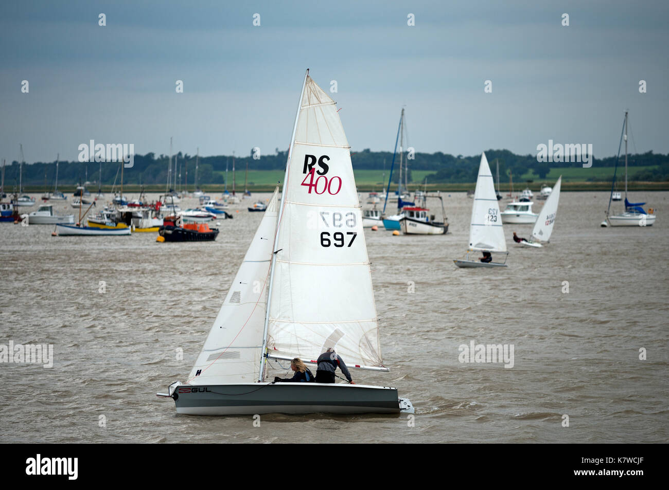 RS 400 sailing boat, river Deben, Felixstowe Ferry, Suffolk, England ...