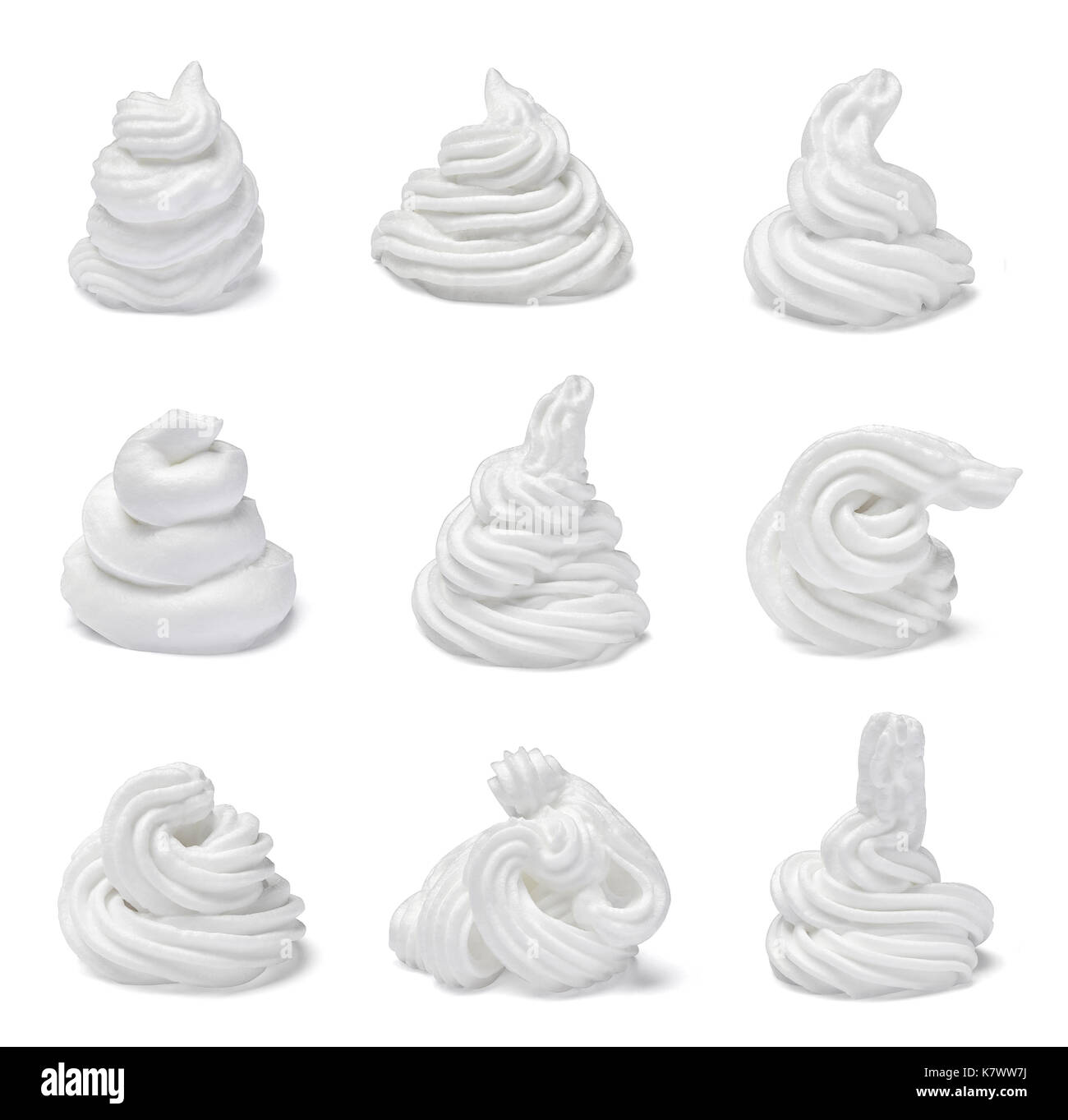 collection of various white whipped cream on white background. each one ...