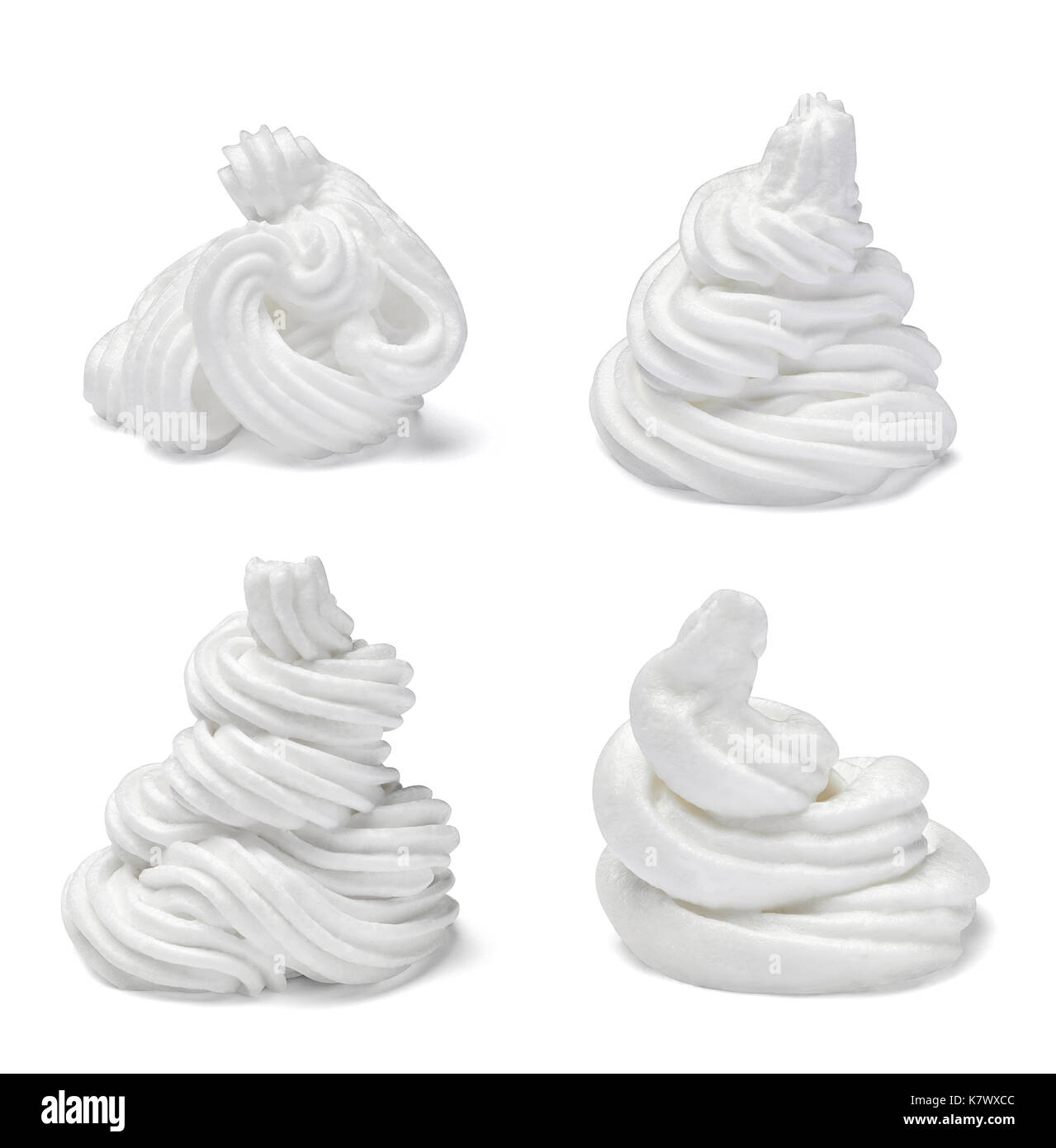 collection of various white whipped cream on white background. each one ...