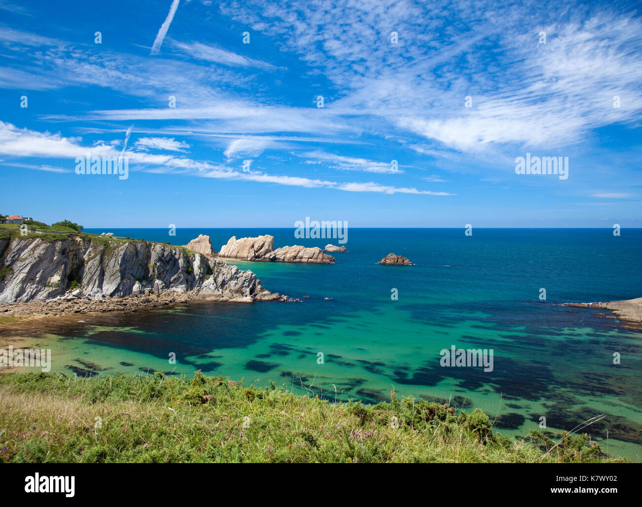 Cantabria, Costa Quebrada, around beach Playa de Covachos, view west ...