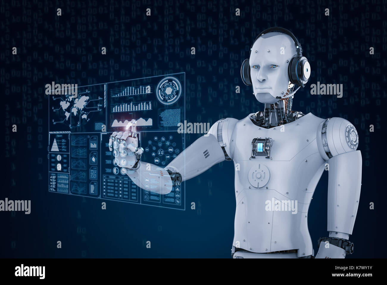 3d rendering robot wearing headset and working with virtual display ...