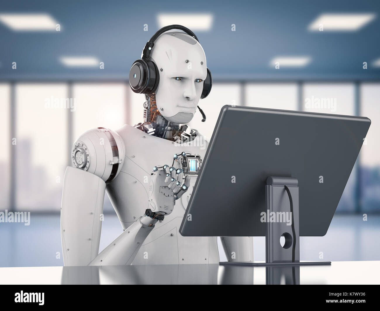 3d rendering humanoid robot working with headset and monitor Stock ...