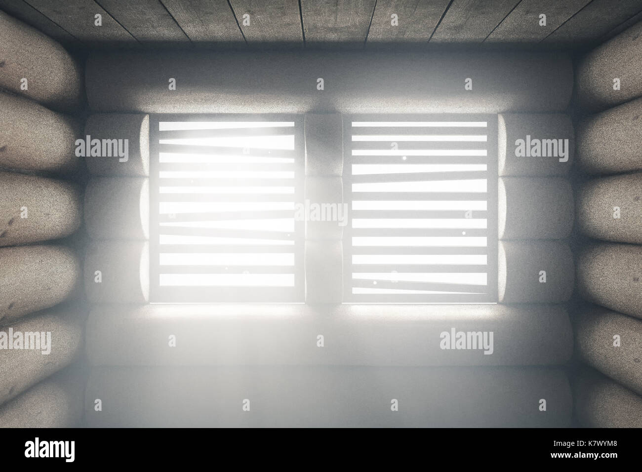 3d rendering of wooden cabin with light beams through window Stock ...
