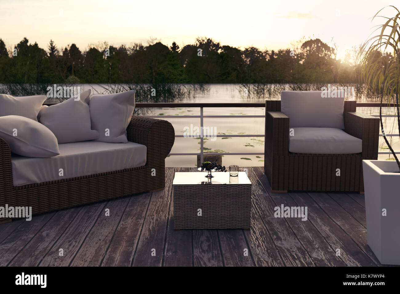 3d rendering of wooden jetty railing with rattan garden furniture in ...