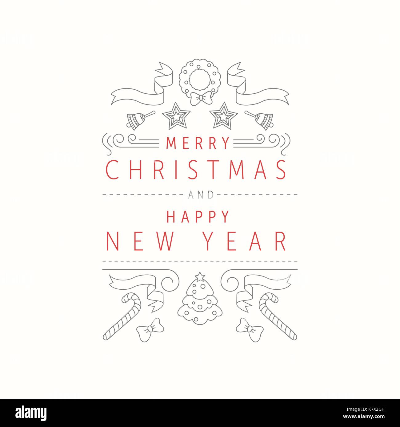 Vector Christmas and New Year Greeting Card Design Template. Hand drawn ...