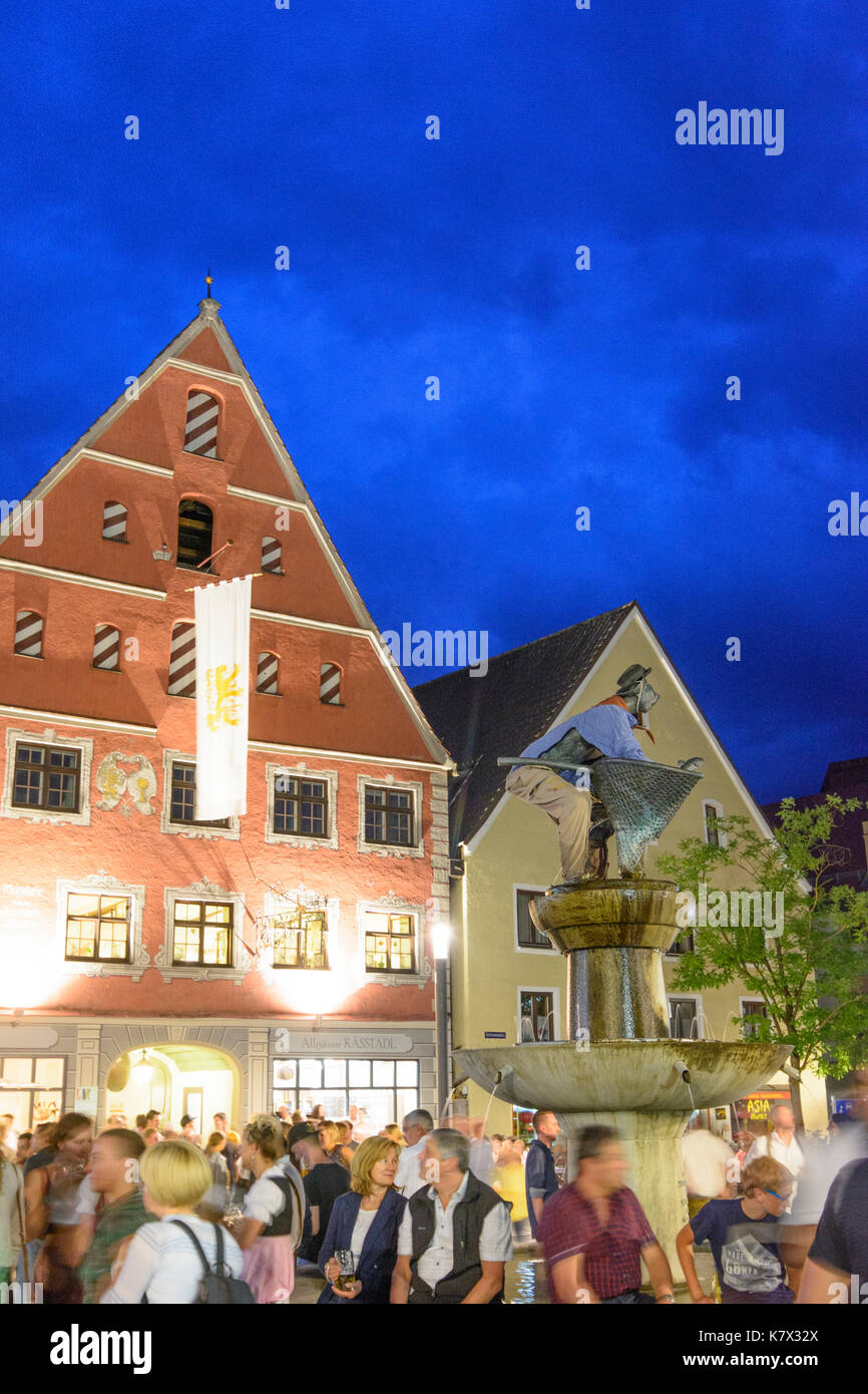 Fisher Fountain at square Schrannenplatz, Memmingen, Schwaben, Swabia ...