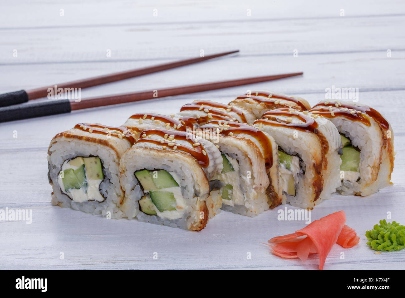 Rainbow Sushi Roll with salmon, eel, tuna, avocado, royal prawn, cream ...