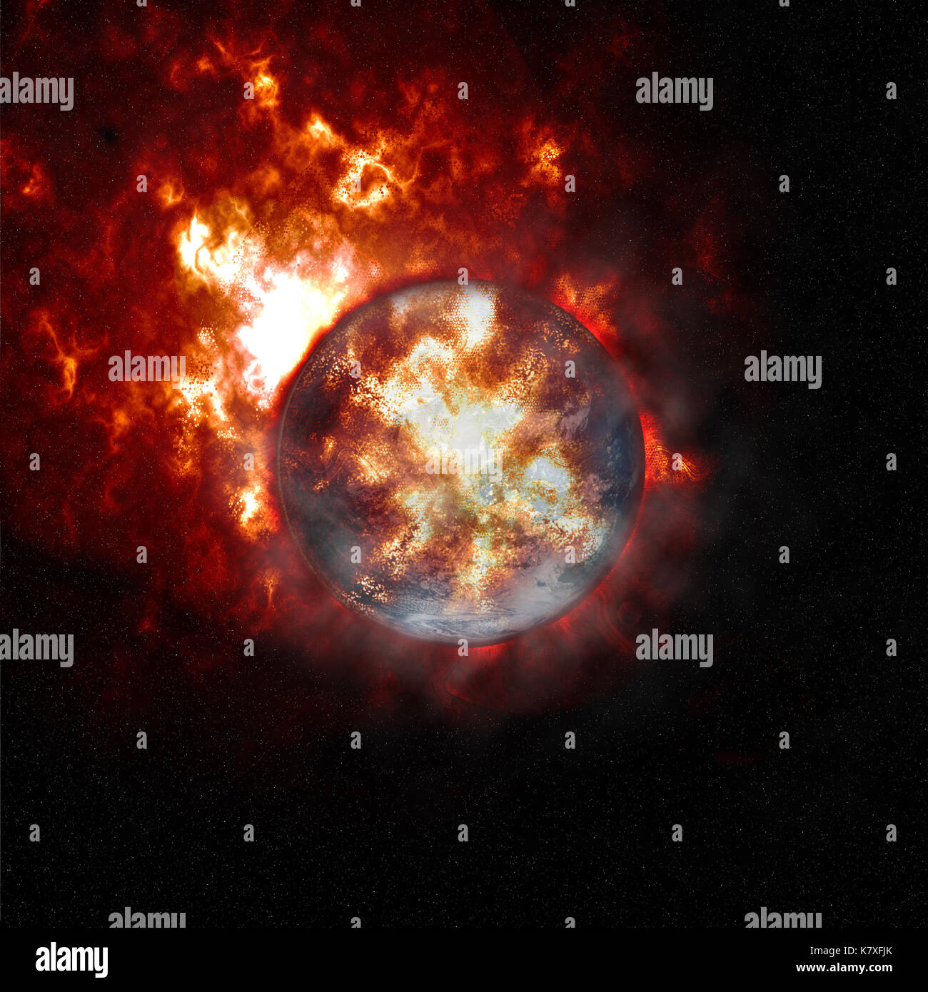 Abstract background of burning planet or sun. Apocalypse. Exploding ...