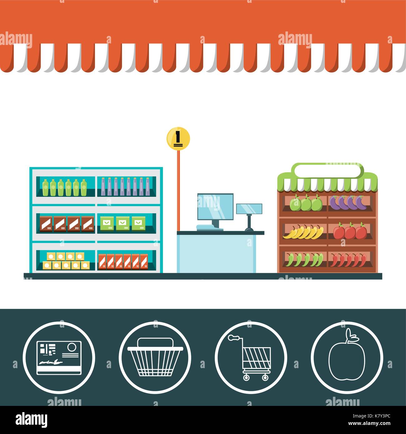 cash register and supermarket shelves with products icon colorful ...