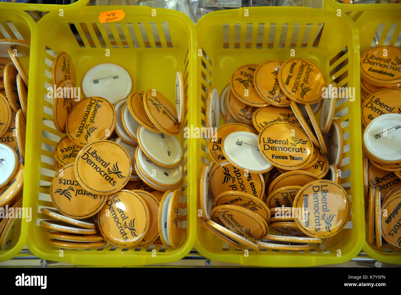 Liberal Democrats badges on sale during the second day of the party's ...
