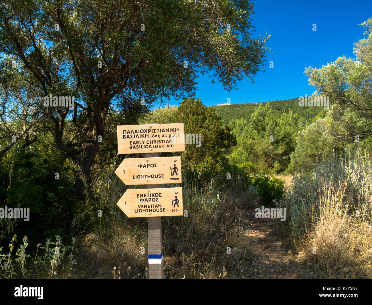 sign post for walking trails near Fiskardo on the Greek island of ...