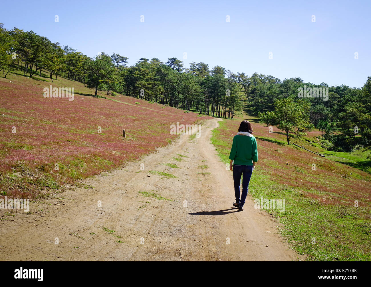 A young woman walking on rural road in Dalat, Vietnam. Dalat is ...