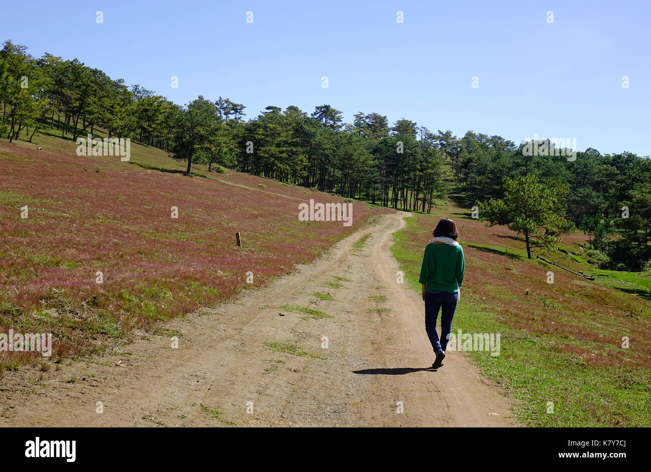 A Vietnamese woman walking on rural road in Dalat, Vietnam. Dalat is ...