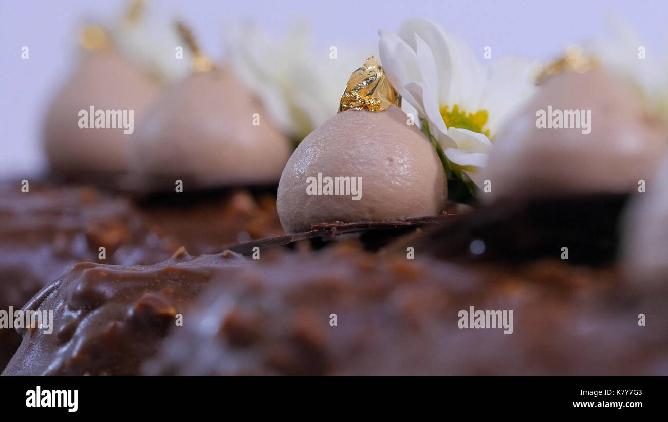 Flowers and cream on the ice cream closeup. Chocolate ice cream on a ...