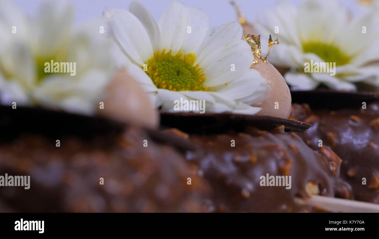 Flowers and cream on the ice cream closeup. Chocolate ice cream on a ...