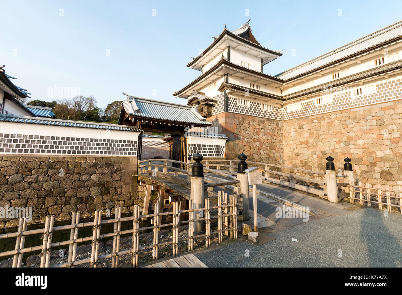 Reconstructed Kanazawa castle, Japan. Hashizume bridge and koraimon ...
