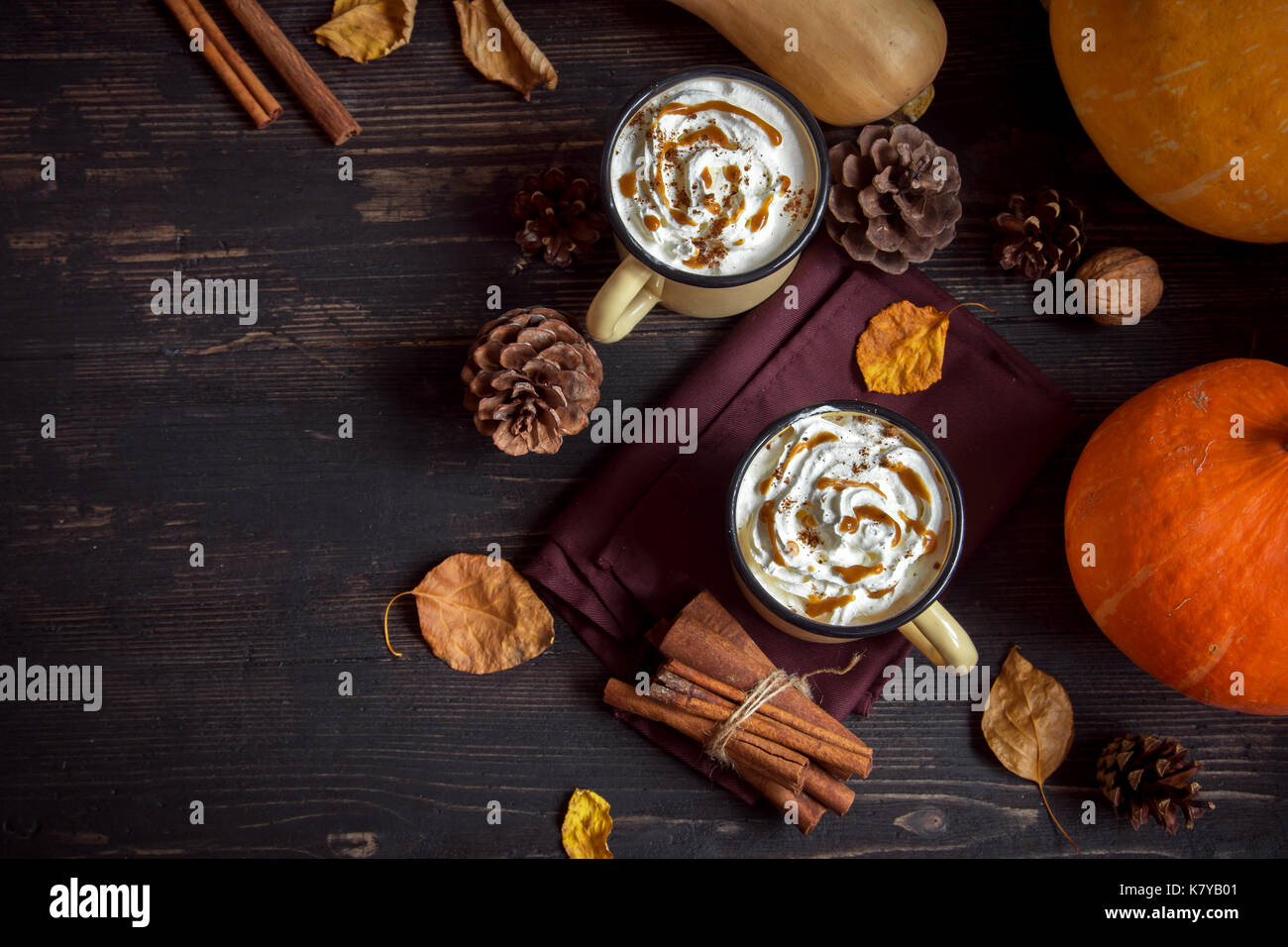 Hot Chocolate with Pumpkin Pie Spices over dark wooden background with ...