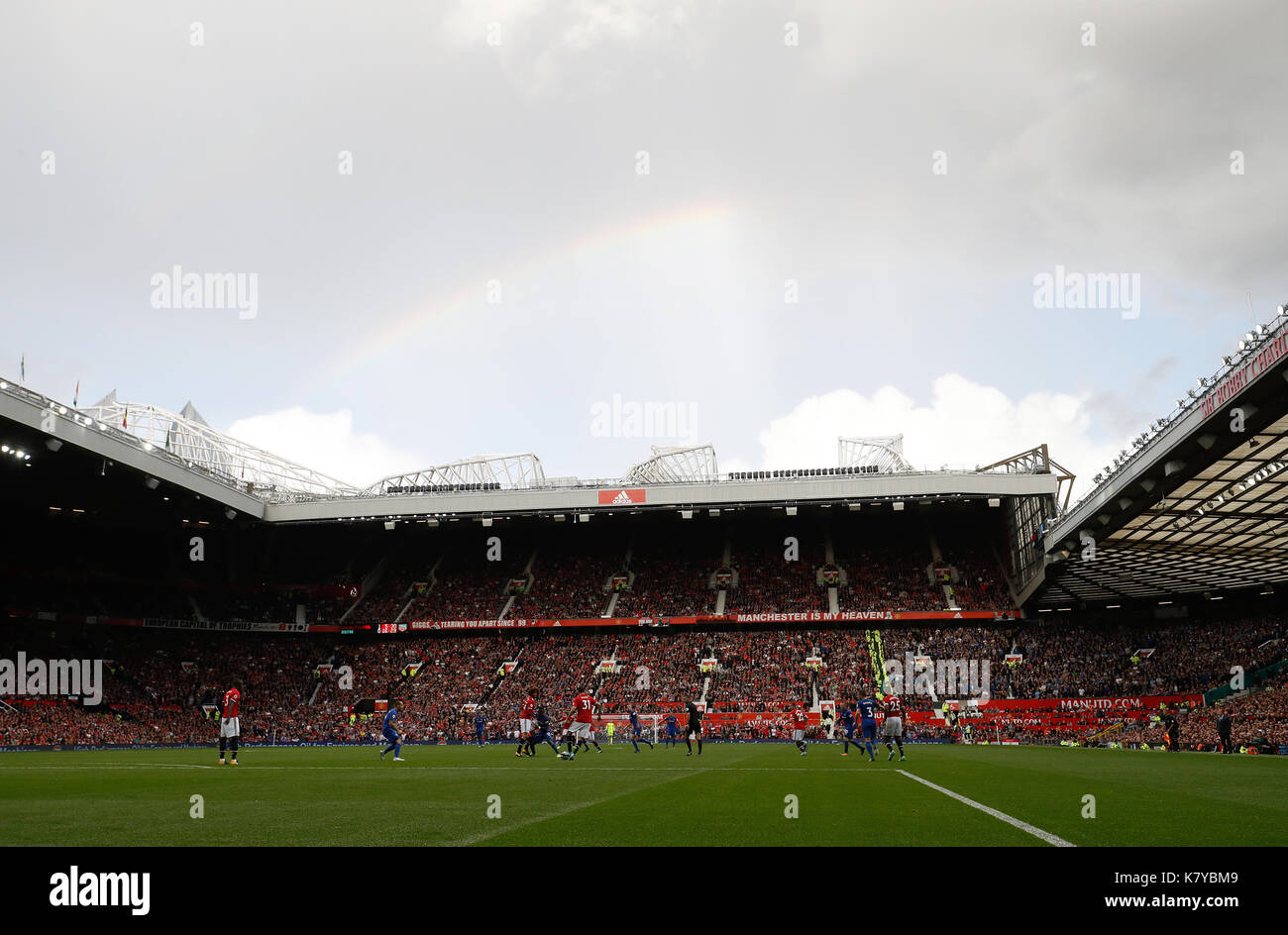 A rainbow seen behind the ground during the Premier League match at Old ...