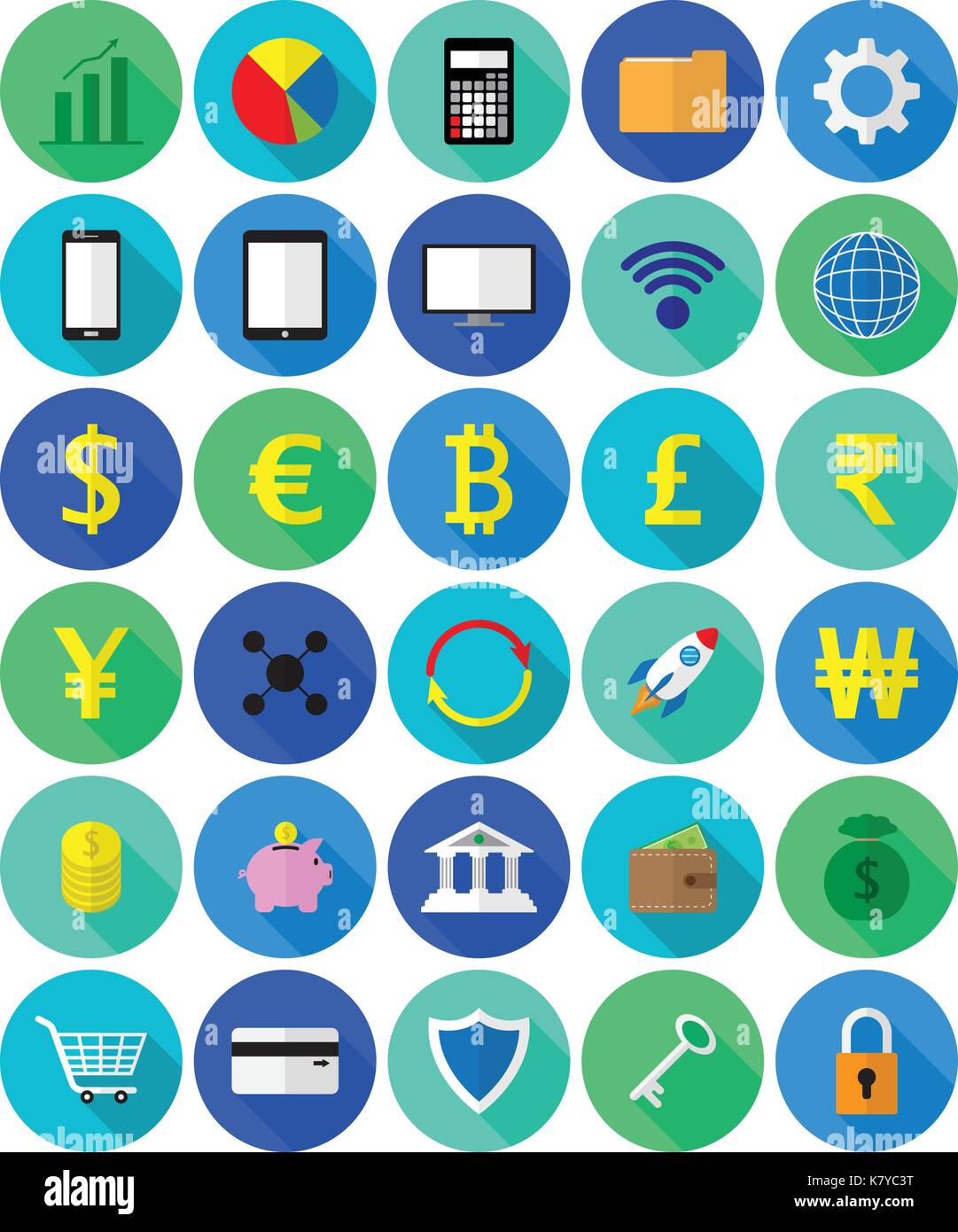 Vector Easy-To-Use 30 Colorful Fintech Flat Icons Multiple Currencies ...