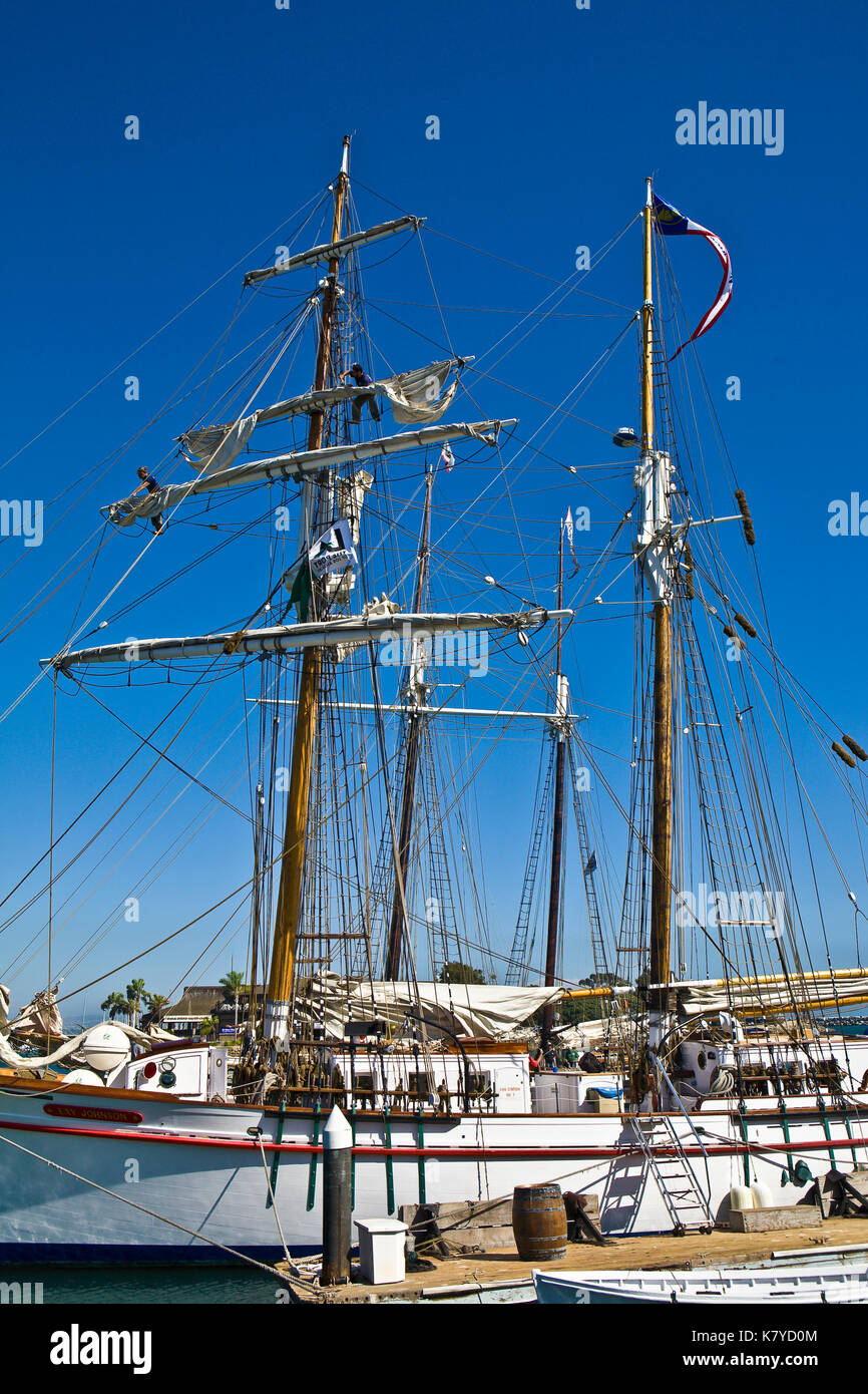 Sailors work in the rigging of the Tall Ship Exy Johnson in Dana Point ...