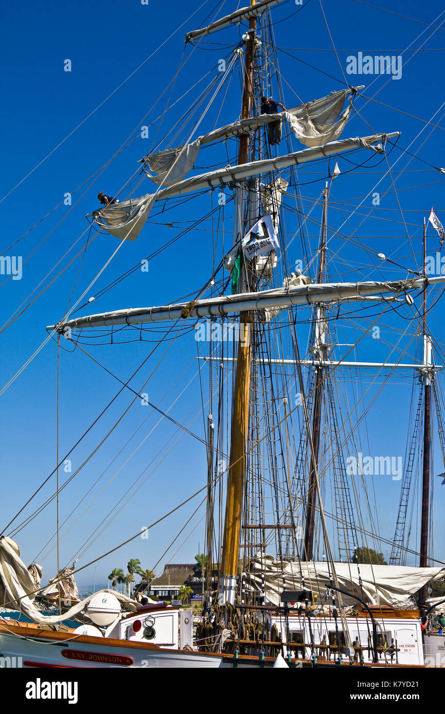 Sailors work in the rigging of the Tall Ship Exy Johnson in Dana Point ...