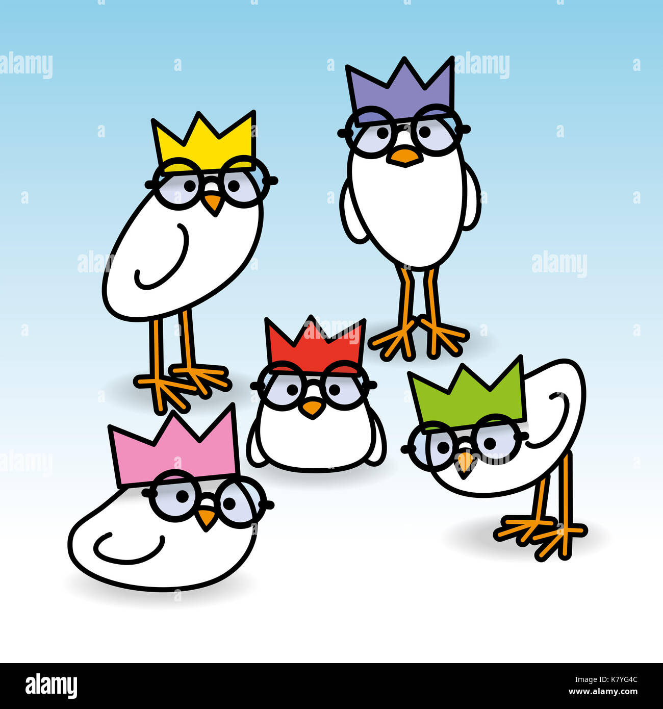 Five Cute Staring White Chicks Wearing Party Hats and Black Round Frame ...