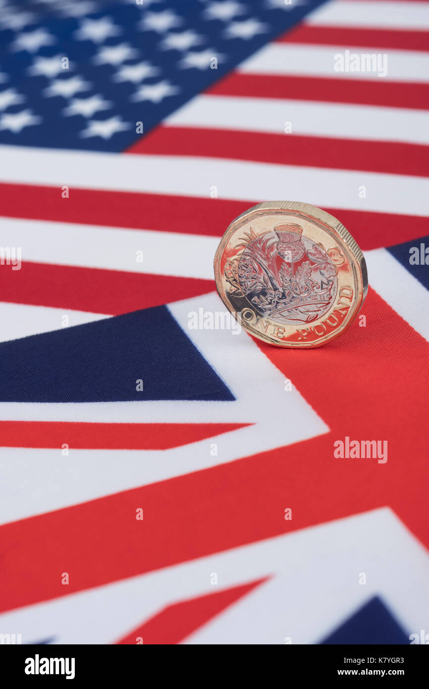 US and UK Union Jack with new UK £1 / Pound coin - as metaphor for US ...