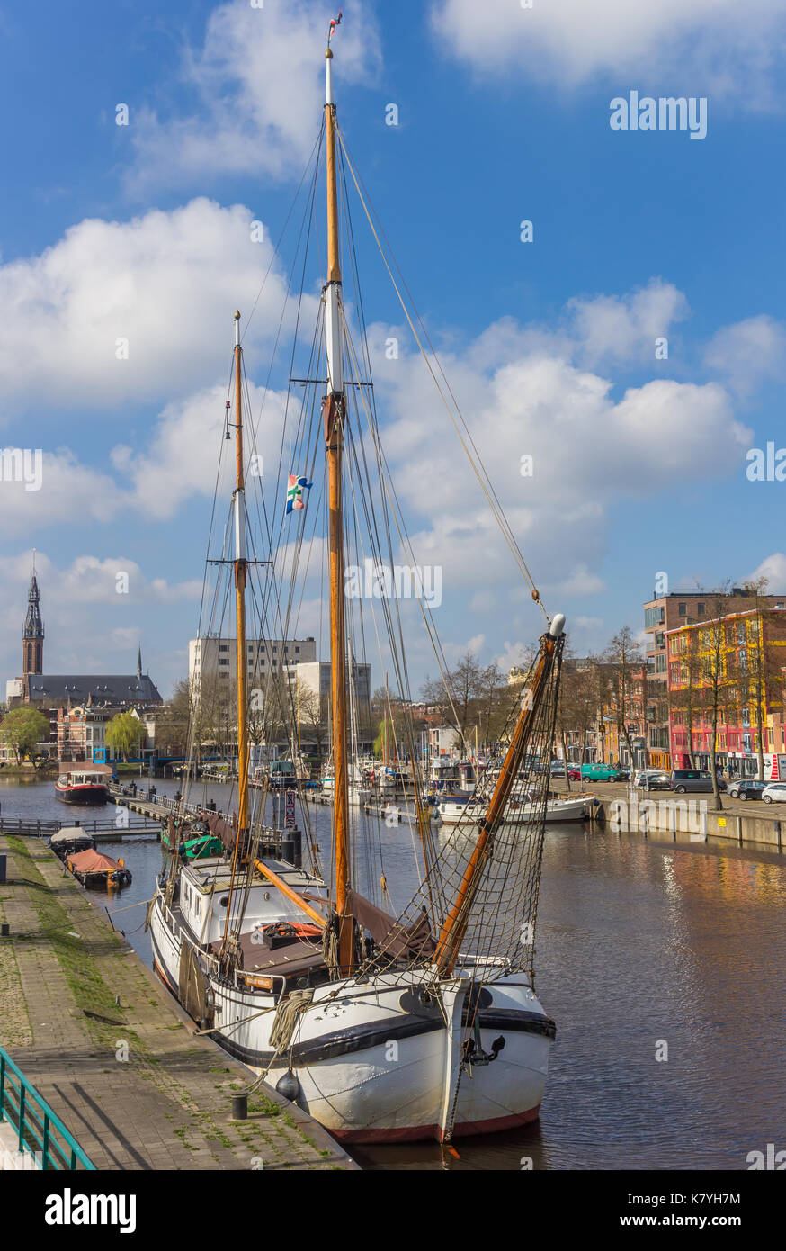 Traditional dutch sailing ship in the east harbor of Groningen ...