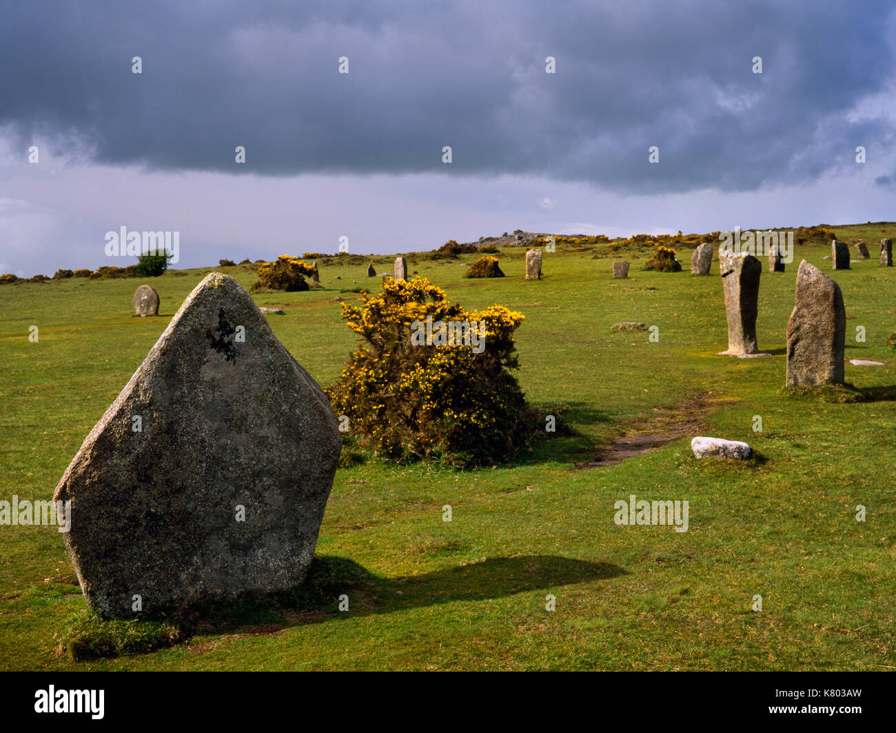 Hurlers stone circles, Bodmin Moor, Cornwall: view NNE of part of the ...