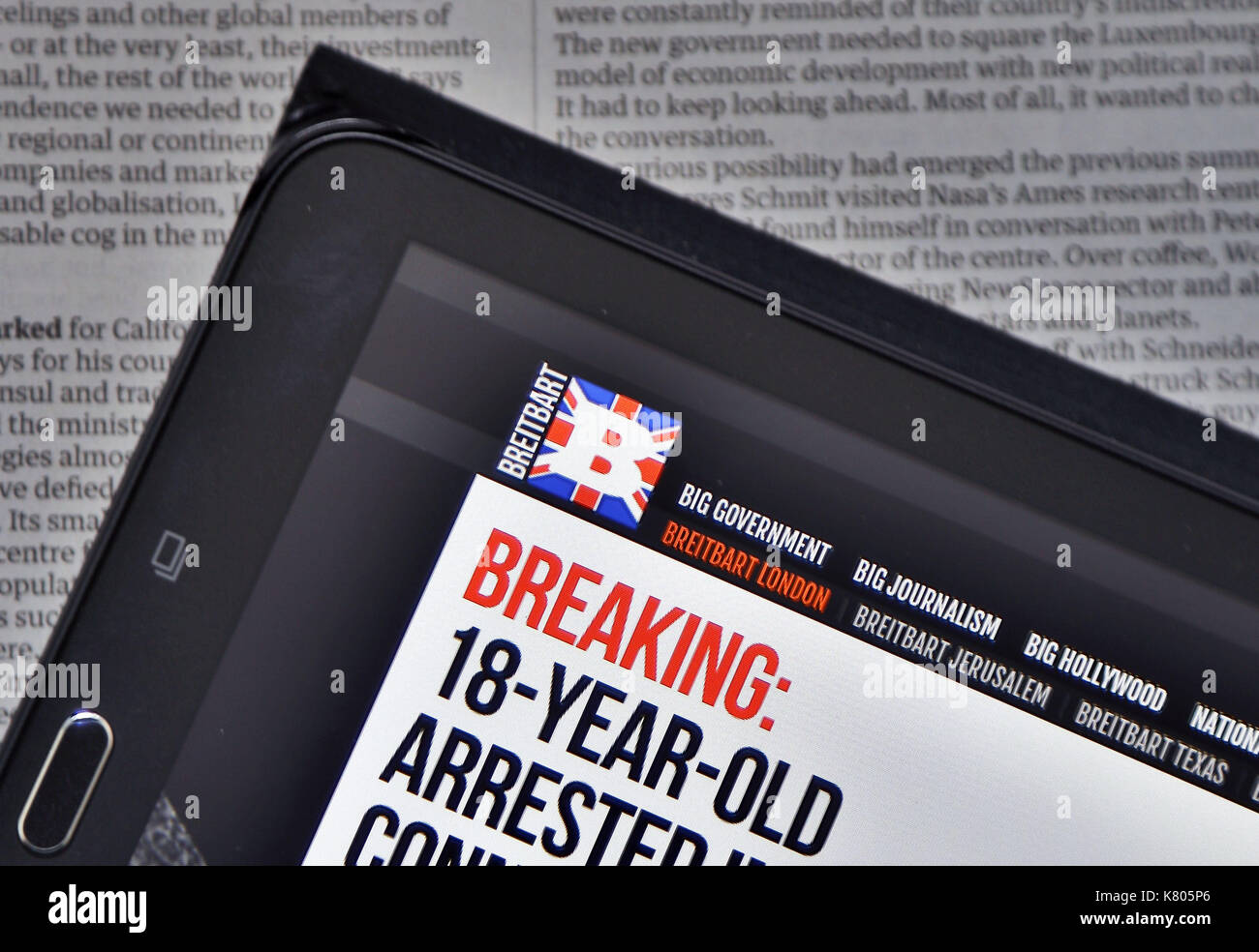 Breitbart News London website displayed on a tablet device, London ...