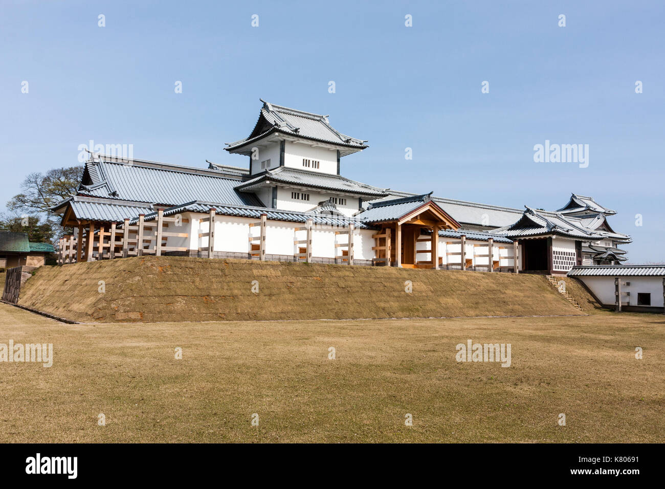 Japan, Kanazawa castle, Kahoku-mon gate complex on embankment with ...