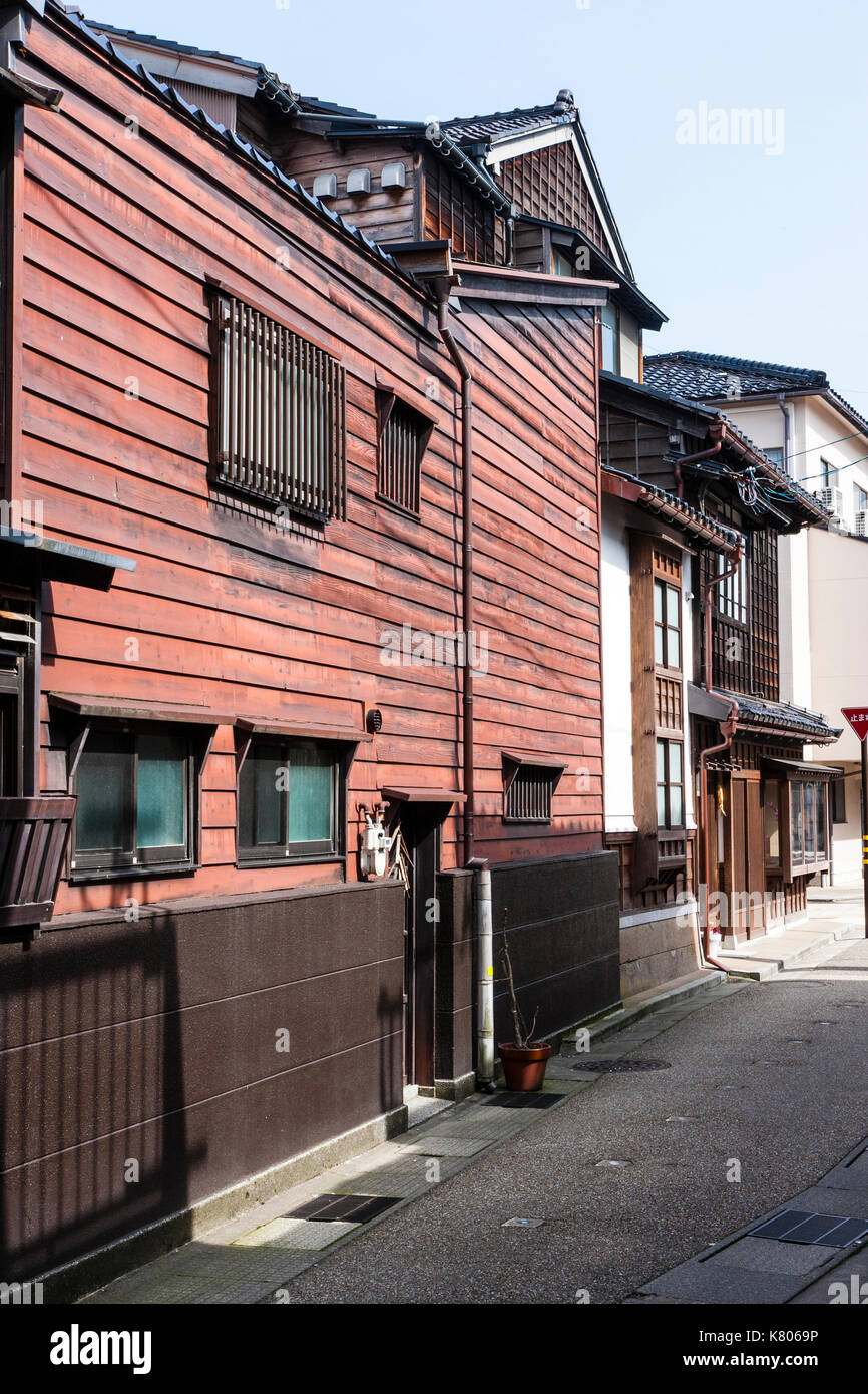 Traditional Japanese Edo period red coloured wooden building on street ...