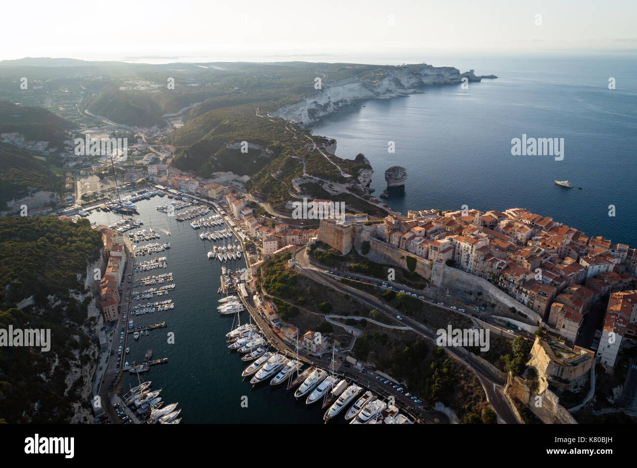 Aerial view of boats and yachts in marina of historical city Bonifacio ...