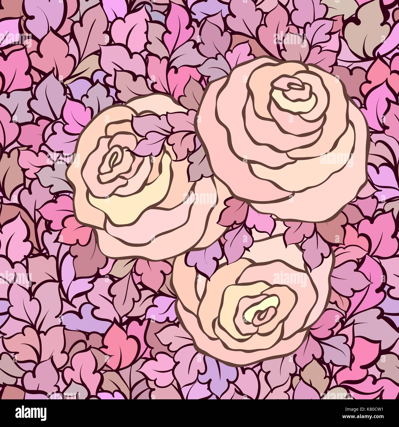 Floral seamless pattern with roses and leaves, ornamental intricate ...