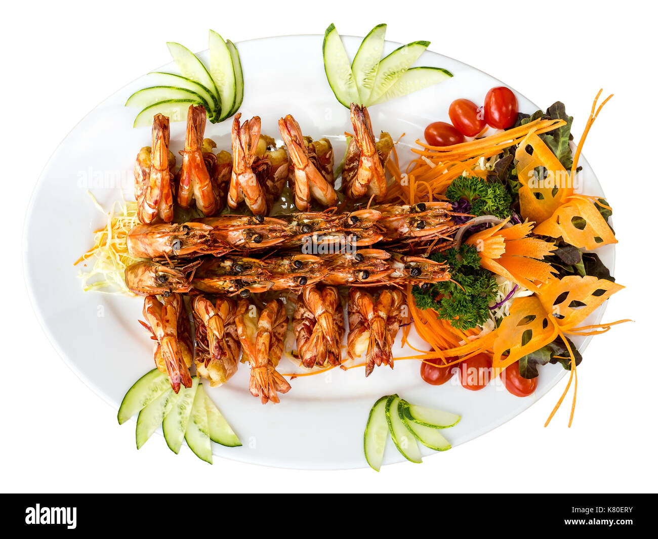 Plate of grilled prawns - isolated on white background. Studio Shot ...