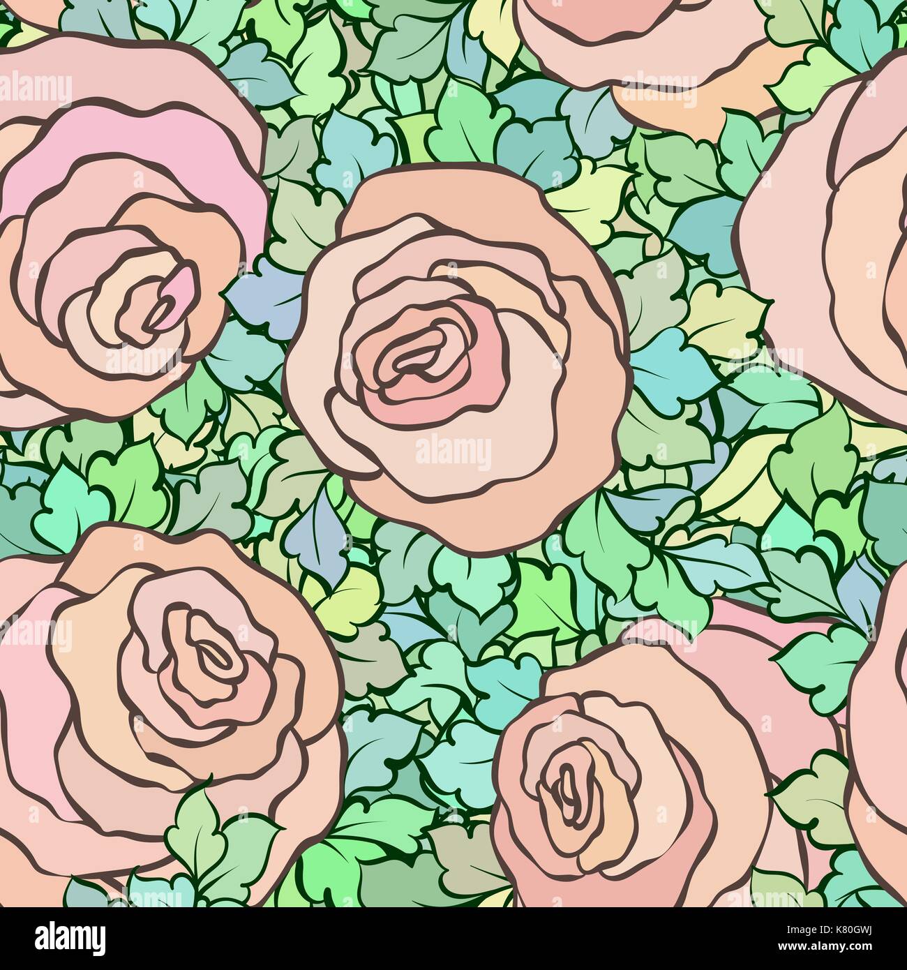Floral seamless pattern with roses and leaves, ornamental intricate ...